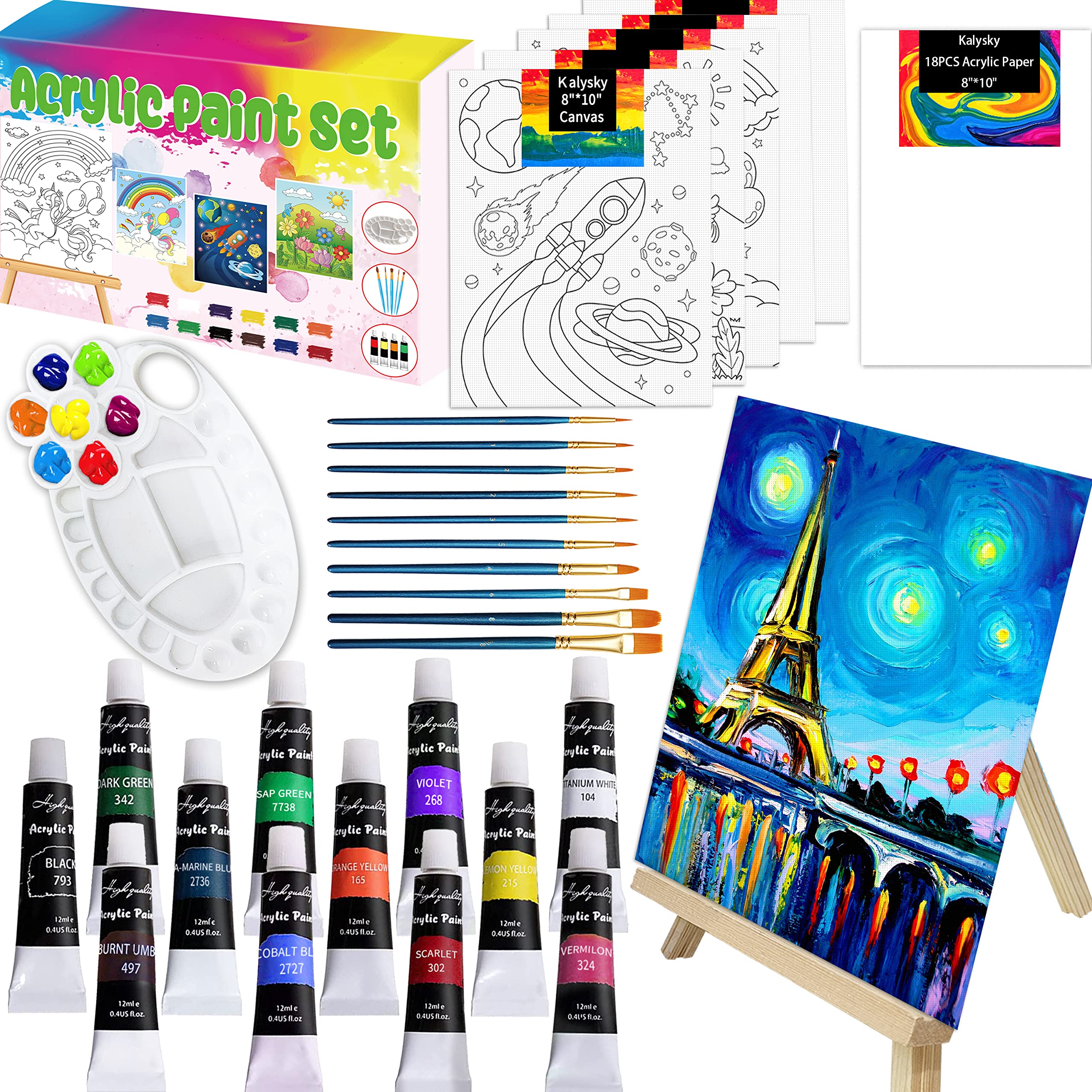 Kalysky 47PCS Kids Paint Set,Canvas Painting Kits for Kids ages 4-8,8-12,Acrylic Paint Art Supplies for Kids 9-12 with 12 Paints, 5 Canvas Panels, 18PCS Drawing Paper,10 Brushes
