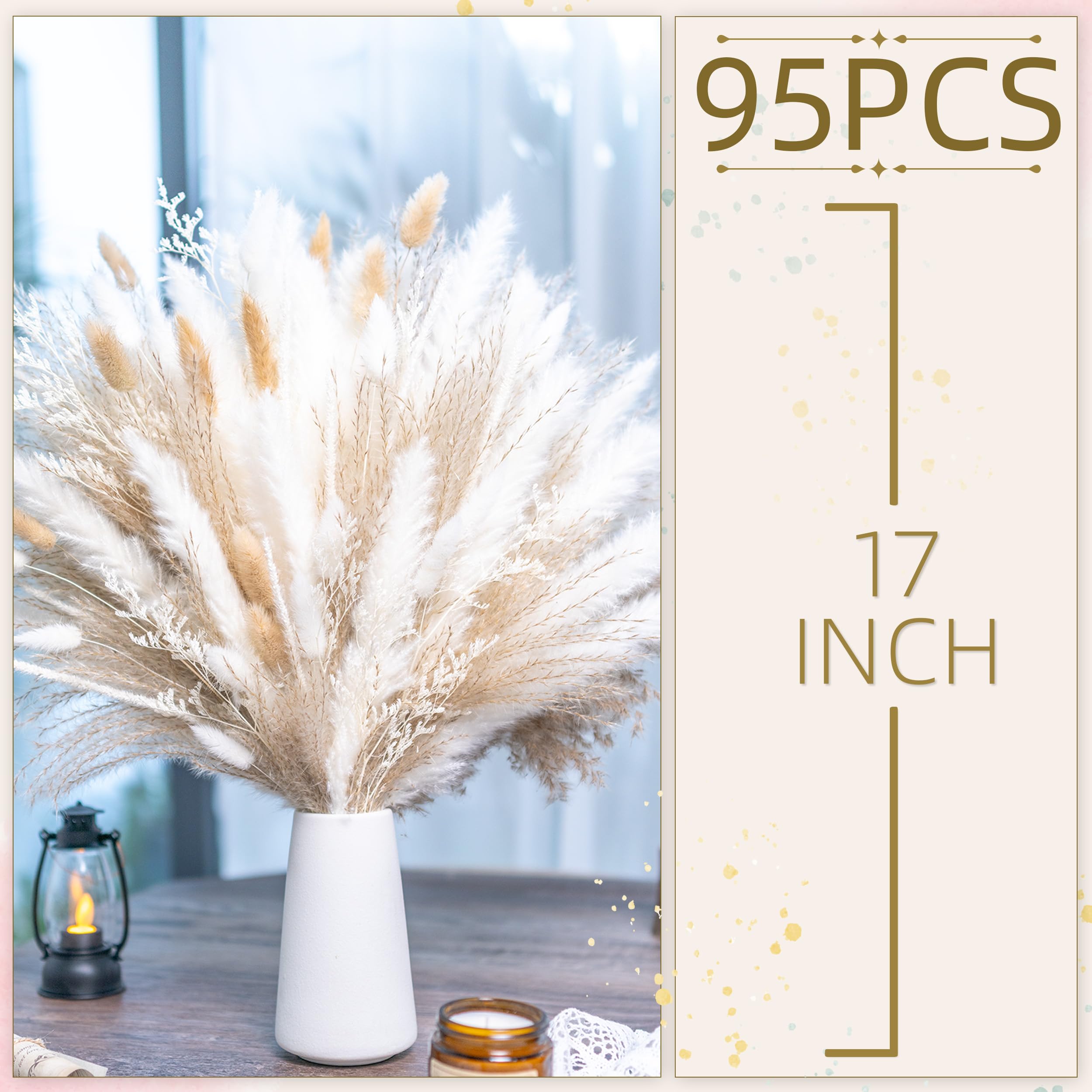 95 PCS Pampas Grass Decor Natural Dried Flowers | Boho Dried Floral Arrangement Centerpiece Table Decor Wedding Decor Rustic Decor (95PCS)
