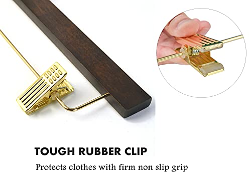 HUMIA 28 Pack Walnut Wooden Pants Hangers with Gold Hook, Solid Wood Skirt Hanger Trousers Bottom Hangers with 2 Adjustable Gold Clips, Clothes Hanger for Jeans, Shorts, Slacks (Walnut, 28)