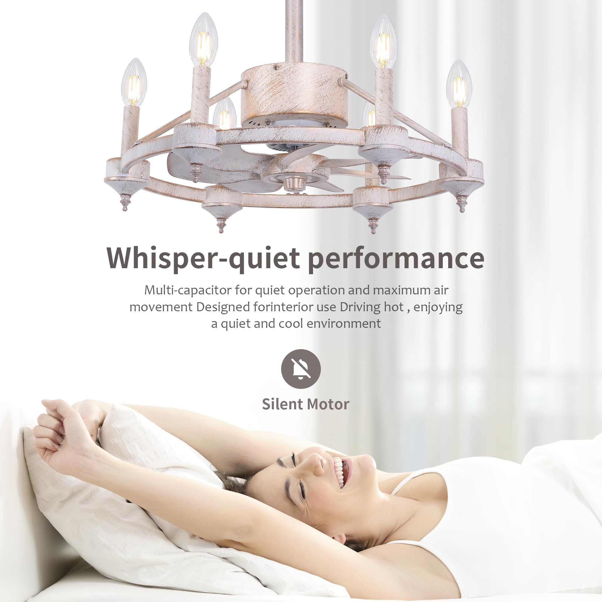 KINGTORO Rustic White Chandelier Ceiling Fans with Lights, 20.5" Wagon Wheel Chandelier,Adjustable Height,3 speeds,Fandelier with Lights and Remote for Kitchen Dining Room Living Room