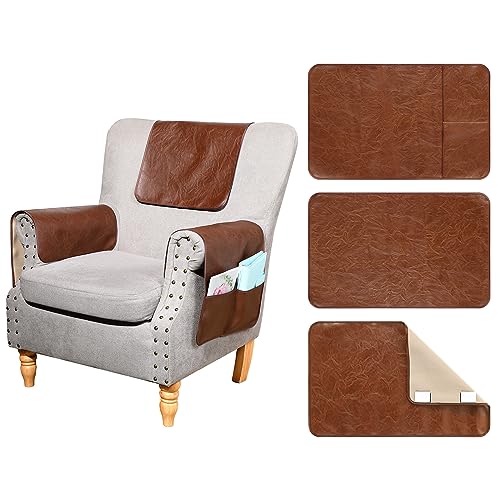 Tradder 3 Pcs PU Leather Recliner Headrest Protector with Arm Covers for Furniture Recliners 22.8 x 14.6 Inch, Arm with Pockets Headrest Cover for Couch Sofa Chairs Furniture(Brown)