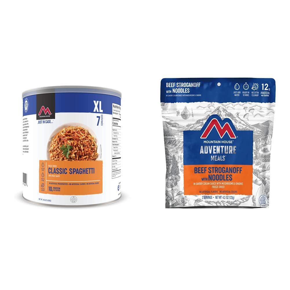 Mountain House Classic Spaghetti with Meat Sauce | Freeze Dried Survival & Emergency Food | #10 Can & Beef Stroganoff with Noodles | Freeze Dried Backpacking & Camping Food | 2 Servings