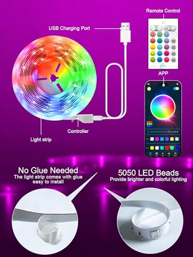 GIPOYENT LED Lights for TV, 16.4FT TV LED Backlight, for 45-75 Inch TV, Music Sync TV LED Light with Bluetooth Function - RGB Color Changing Light Strip for Bedroom (16.4ft)