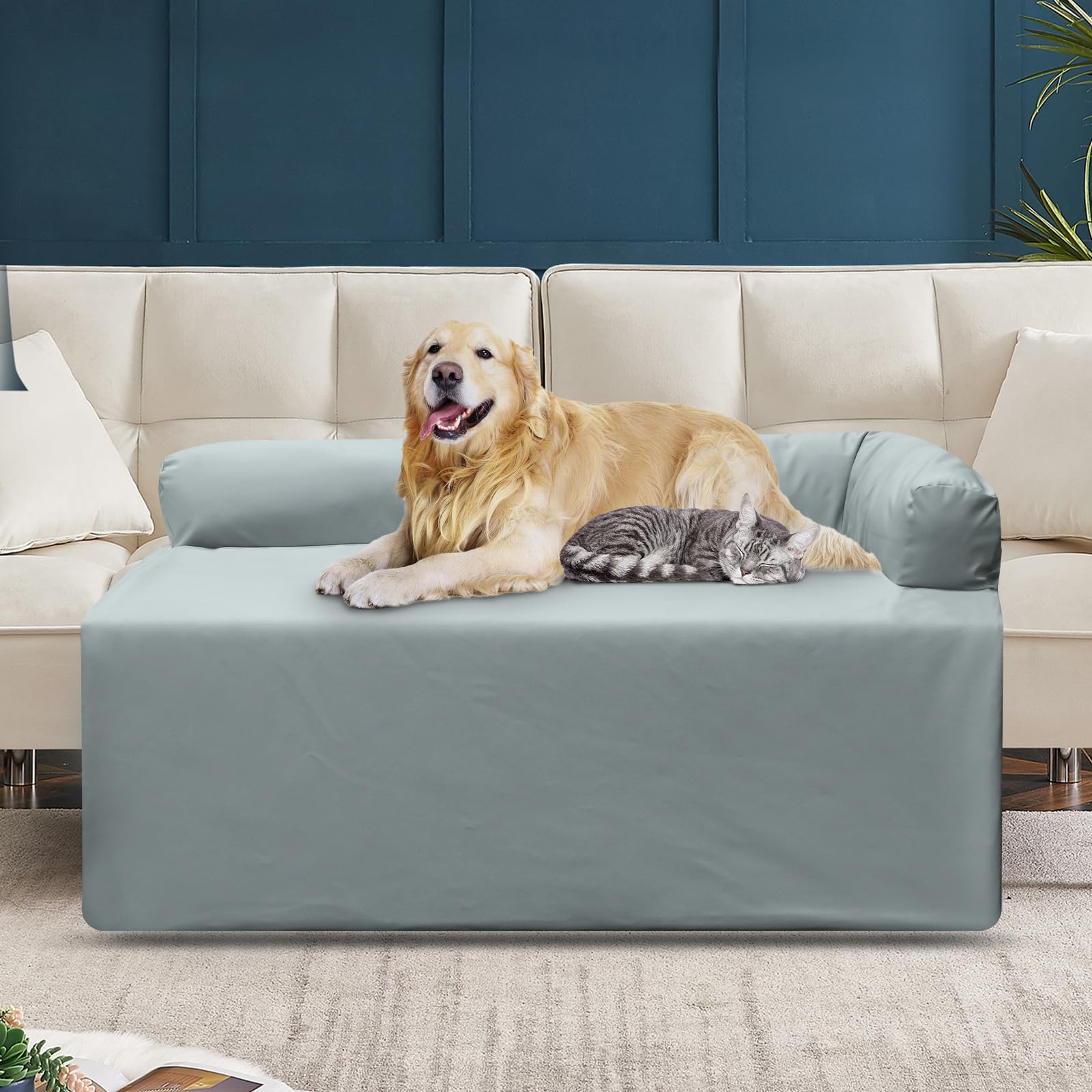 TNELTUEB Calming Dog Couch Bed for Extra Large Dog, Cooling Mat for Dogs, Waterproof & Anti Dogs Cats Scratch Cloth for Pet Couch Protector, Dog Mat Sofa Bed with Soft Neck Bolster (XL,Grey)