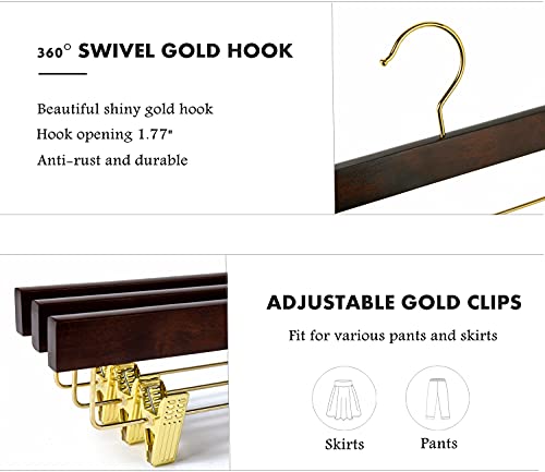 HUMIA 28 Pack Walnut Wooden Pants Hangers with Gold Hook, Solid Wood Skirt Hanger Trousers Bottom Hangers with 2 Adjustable Gold Clips, Clothes Hanger for Jeans, Shorts, Slacks (Walnut, 28)