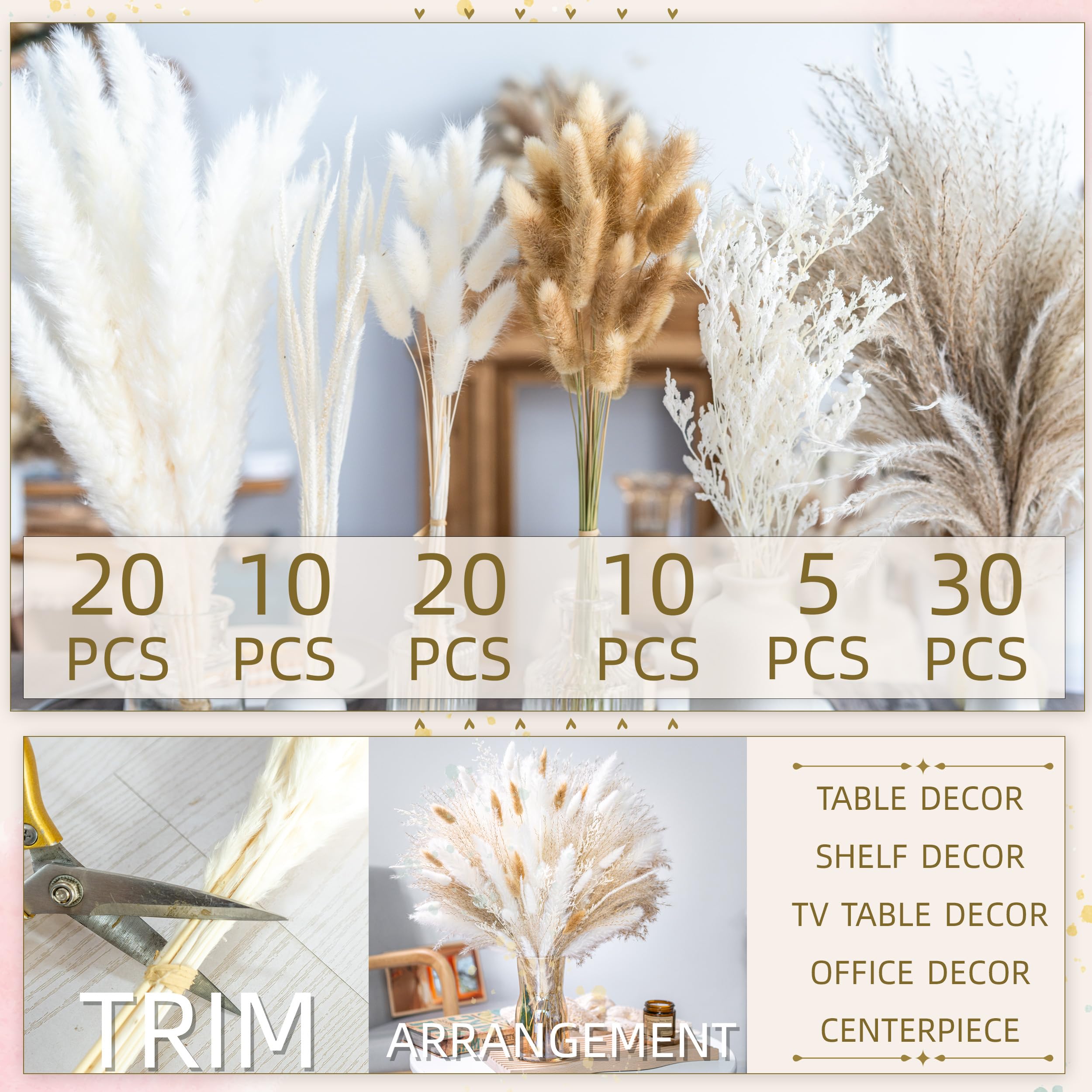 95 PCS Pampas Grass Decor Natural Dried Flowers | Boho Dried Floral Arrangement Centerpiece Table Decor Wedding Decor Rustic Decor (95PCS)