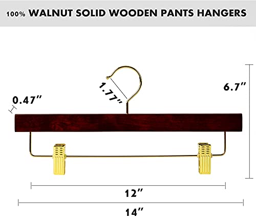HUMIA 28 Pack Walnut Wooden Pants Hangers with Gold Hook, Solid Wood Skirt Hanger Trousers Bottom Hangers with 2 Adjustable Gold Clips, Clothes Hanger for Jeans, Shorts, Slacks (Walnut, 28)