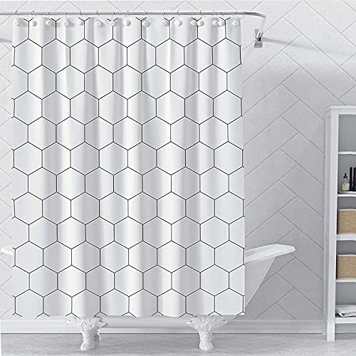 VEGA U Hexagon Fabric Shower Curtain for Bathroom, Modern Bath Decor with Hooks, Hotel Quality, 72x72 Inch