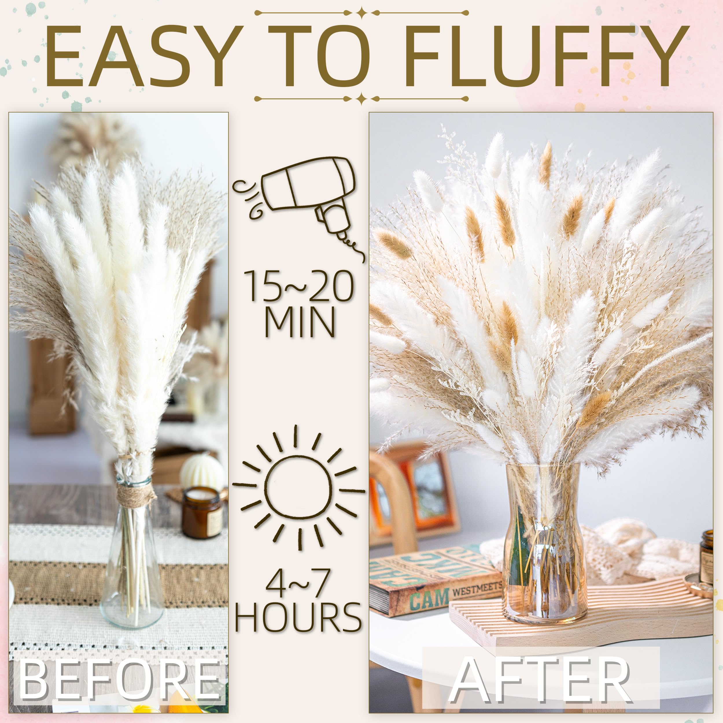95 PCS Pampas Grass Decor Natural Dried Flowers | Boho Dried Floral Arrangement Centerpiece Table Decor Wedding Decor Rustic Decor (95PCS)