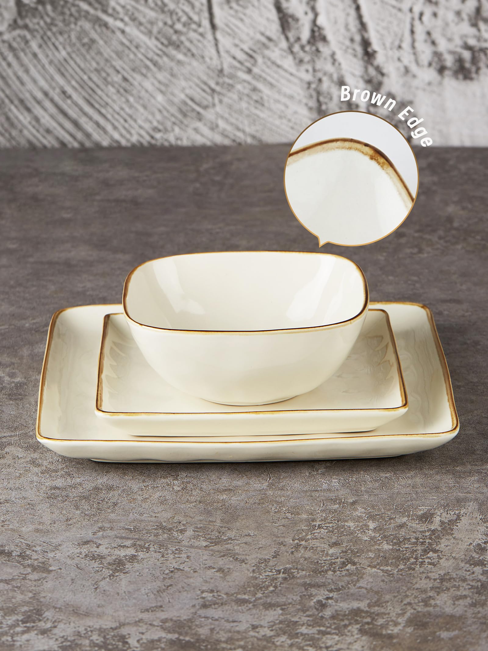 Famiware Dinnerware Sets for 4, Ocean Square 12-Piece Kitchen Plates and Bowls Sets, Microwave and Dishwasher Safe, Scratch Resistant, Vanilla White