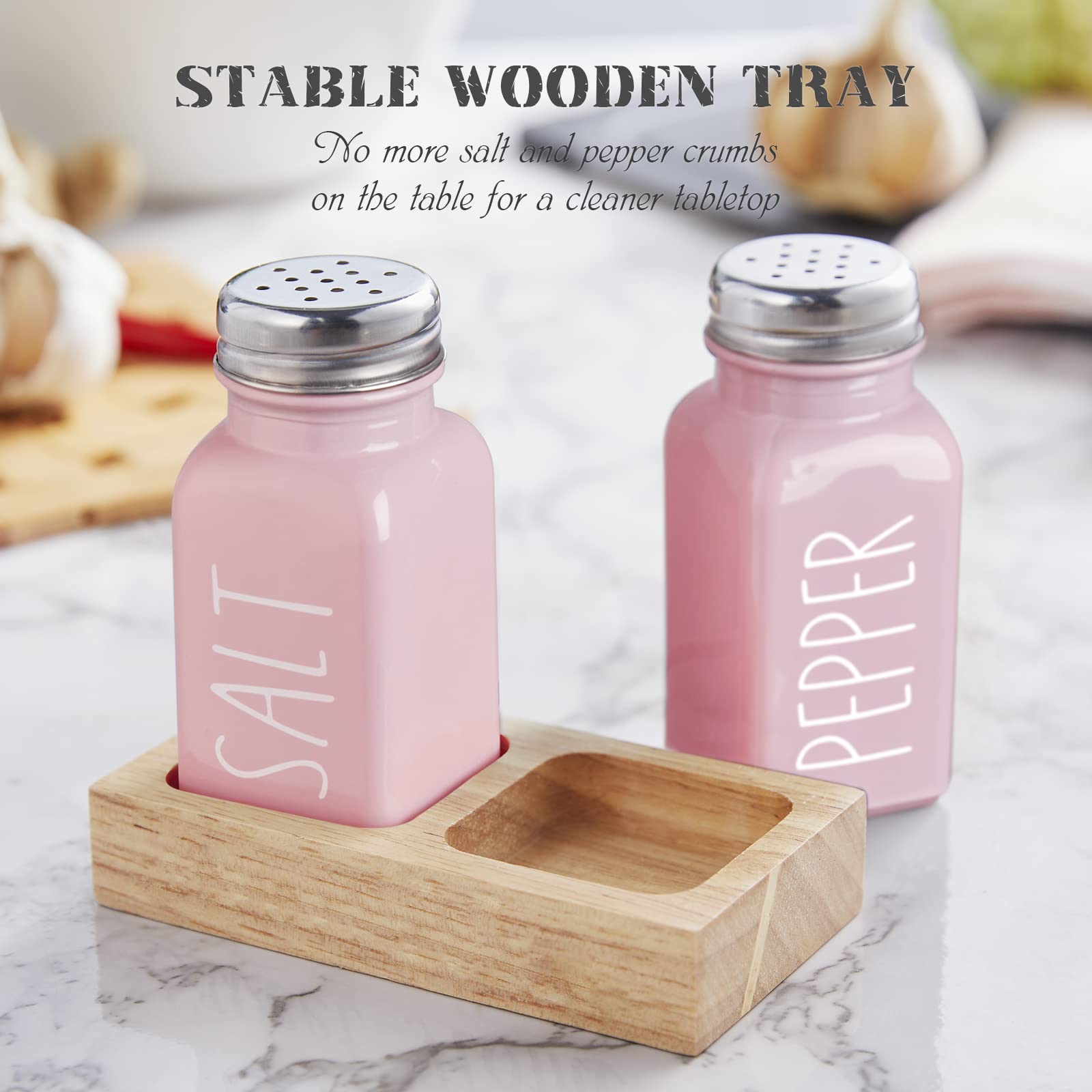 Pink Salt and Pepper Shakers Set with Holder - Pink Kitchen Home Decor and Accessories - Dopeca Glass Salt Shaker with Wood Tray for Kitchen Counter or Table -2.7 oz