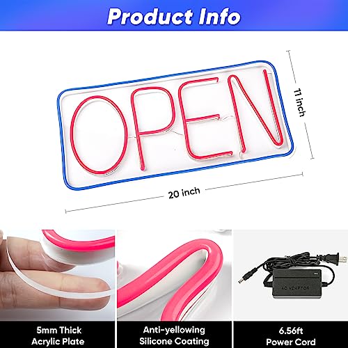 KANAYA 20 Inch Open Sign, LED Open Signs for Business Dimmable, Bright Neon Open Sign Window Storefront for Restaurant Hotel Salon Bar Cafe Office, Power Adapter Included (Red&Blue/Horizontal)