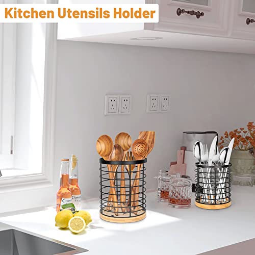 Toosci 2 Pcs Kitchen Utensil Holder - Stainless Steel and Bamboo Utensil Holder for Kitchen Counter, Large Spoon Spatula Holder for Kitchen Organizer(XL+L