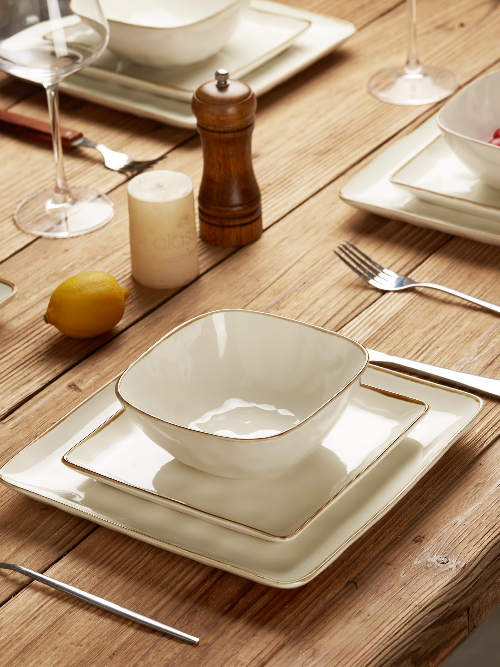 Famiware Dinnerware Sets for 4, Ocean Square 12-Piece Kitchen Plates and Bowls Sets, Microwave and Dishwasher Safe, Scratch Resistant, Vanilla White