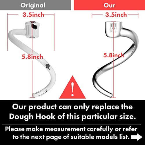 Stainless Steel Spiral Dough Hook Replacement for KitchenAid 4.5QT & 5QT Bowl Tilt-Head Stand Mixers, Rustproof & Easy Clean, Efficient Kneading for Bread, Pizza, Pasta, Cookies