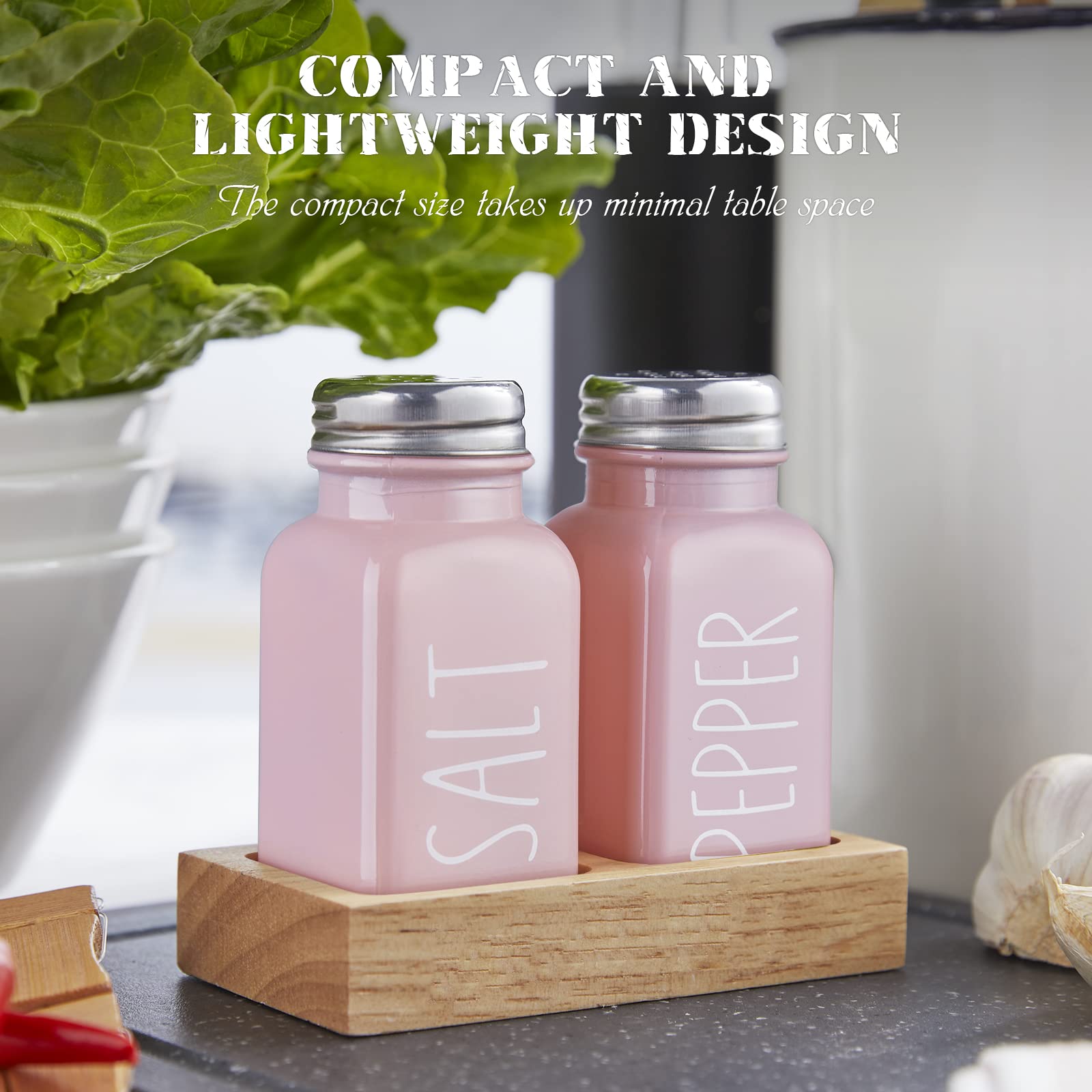 Pink Salt and Pepper Shakers Set with Holder - Pink Kitchen Home Decor and Accessories - Dopeca Glass Salt Shaker with Wood Tray for Kitchen Counter or Table -2.7 oz