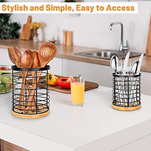 Toosci 2 Pcs Kitchen Utensil Holder - Stainless Steel and Bamboo Utensil Holder for Kitchen Counter, Large Spoon Spatula Holder for Kitchen Organizer(XL+L