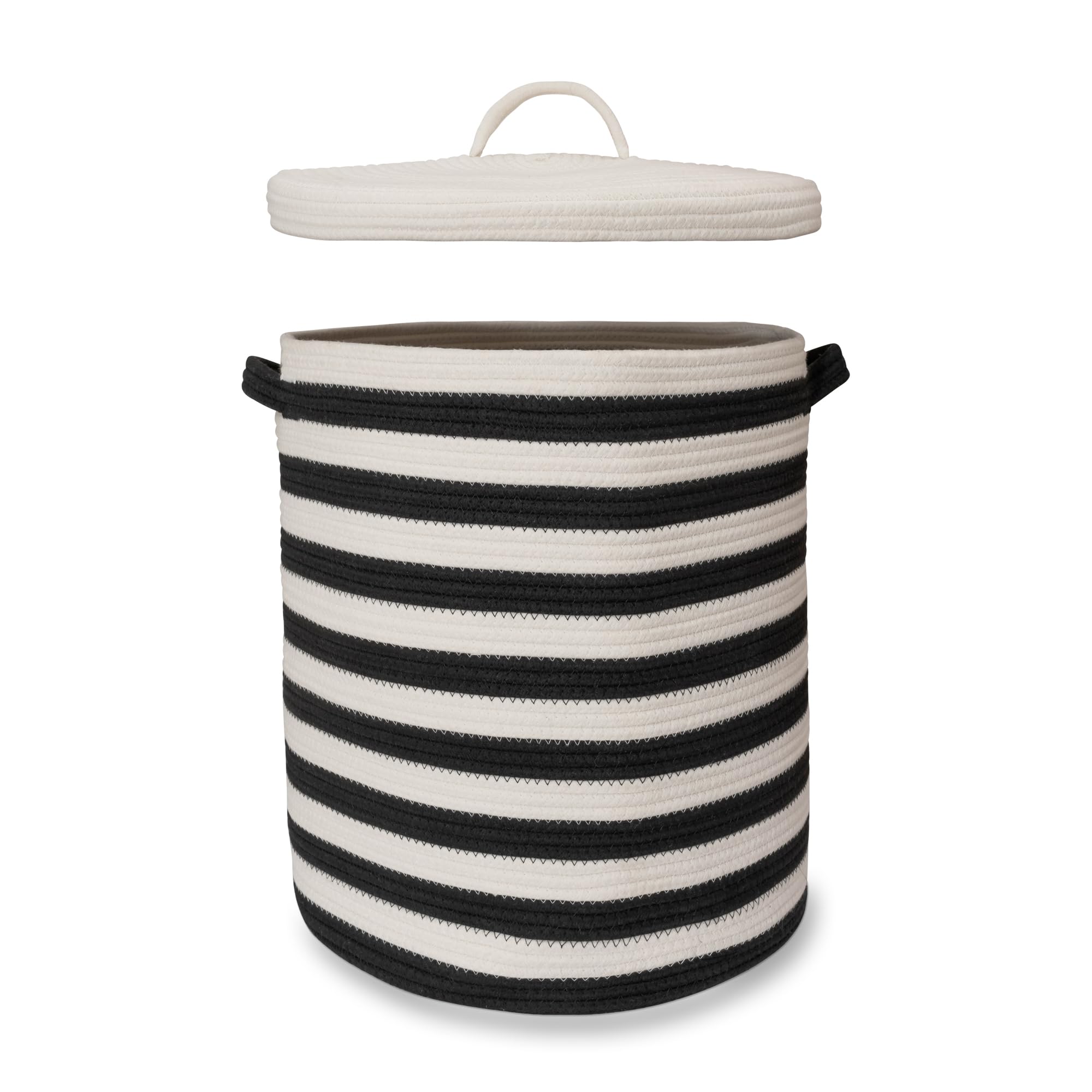 17 x 16in Large Striped Cotton Blanket Basket with Lid - Perfect for Toy Storage, Clothes Hamper, & Laundry Basket, Woven Baskets for Nursery Decor and Baskets for Organizing, Black and White