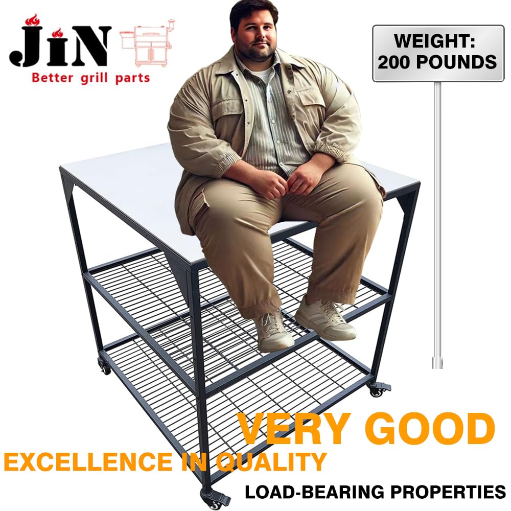 JIN BETTER GRILL PARTS Three-Tier Stainless Steel Pizza Oven Cart, Movable Work Table for Ooni, Blackstone, Cuisinart (31.5" D x 31.5" W x 35.4" H)