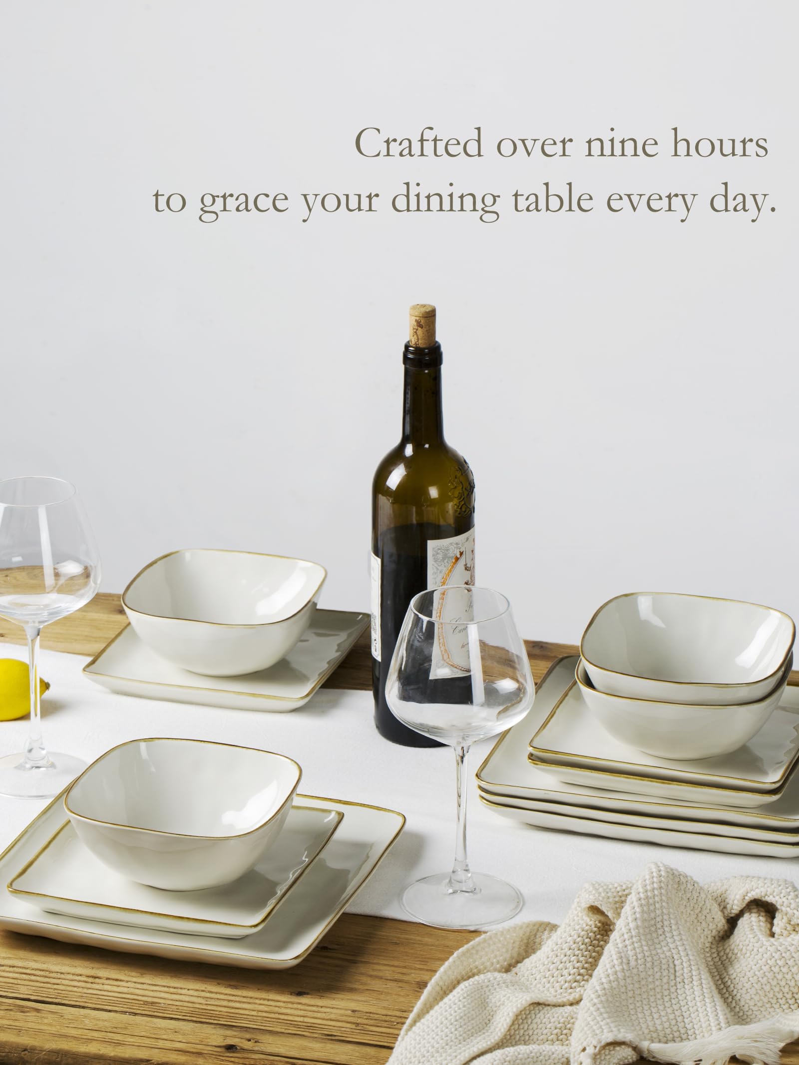 Famiware Dinnerware Sets for 4, Ocean Square 12-Piece Kitchen Plates and Bowls Sets, Microwave and Dishwasher Safe, Scratch Resistant, Vanilla White