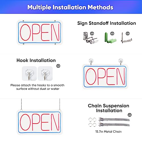 KANAYA 20 Inch Open Sign, LED Open Signs for Business Dimmable, Bright Neon Open Sign Window Storefront for Restaurant Hotel Salon Bar Cafe Office, Power Adapter Included (Red&Blue/Horizontal)