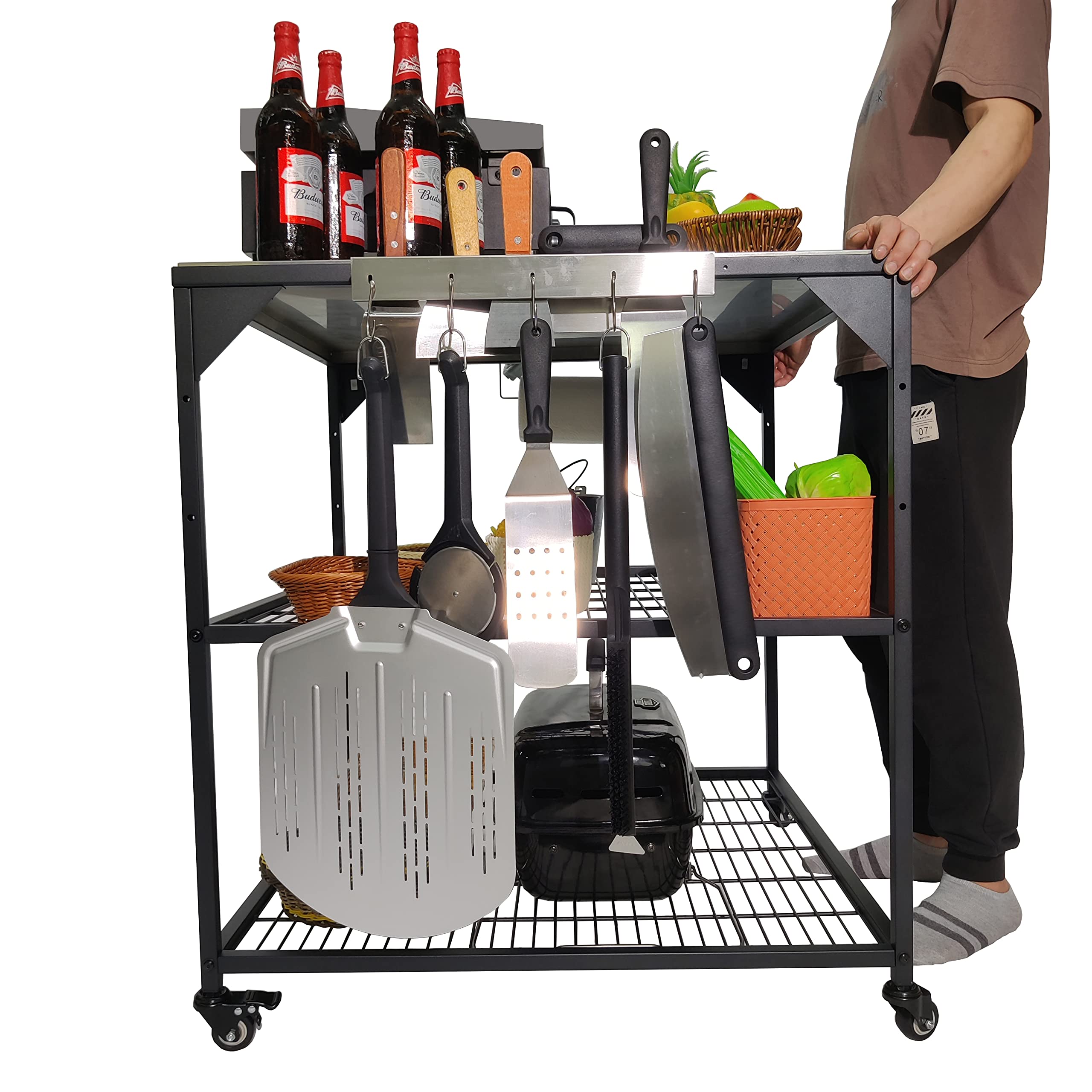 JIN BETTER GRILL PARTS Three-Tier Stainless Steel Pizza Oven Cart, Movable Work Table for Ooni, Blackstone, Cuisinart (31.5" D x 31.5" W x 35.4" H)