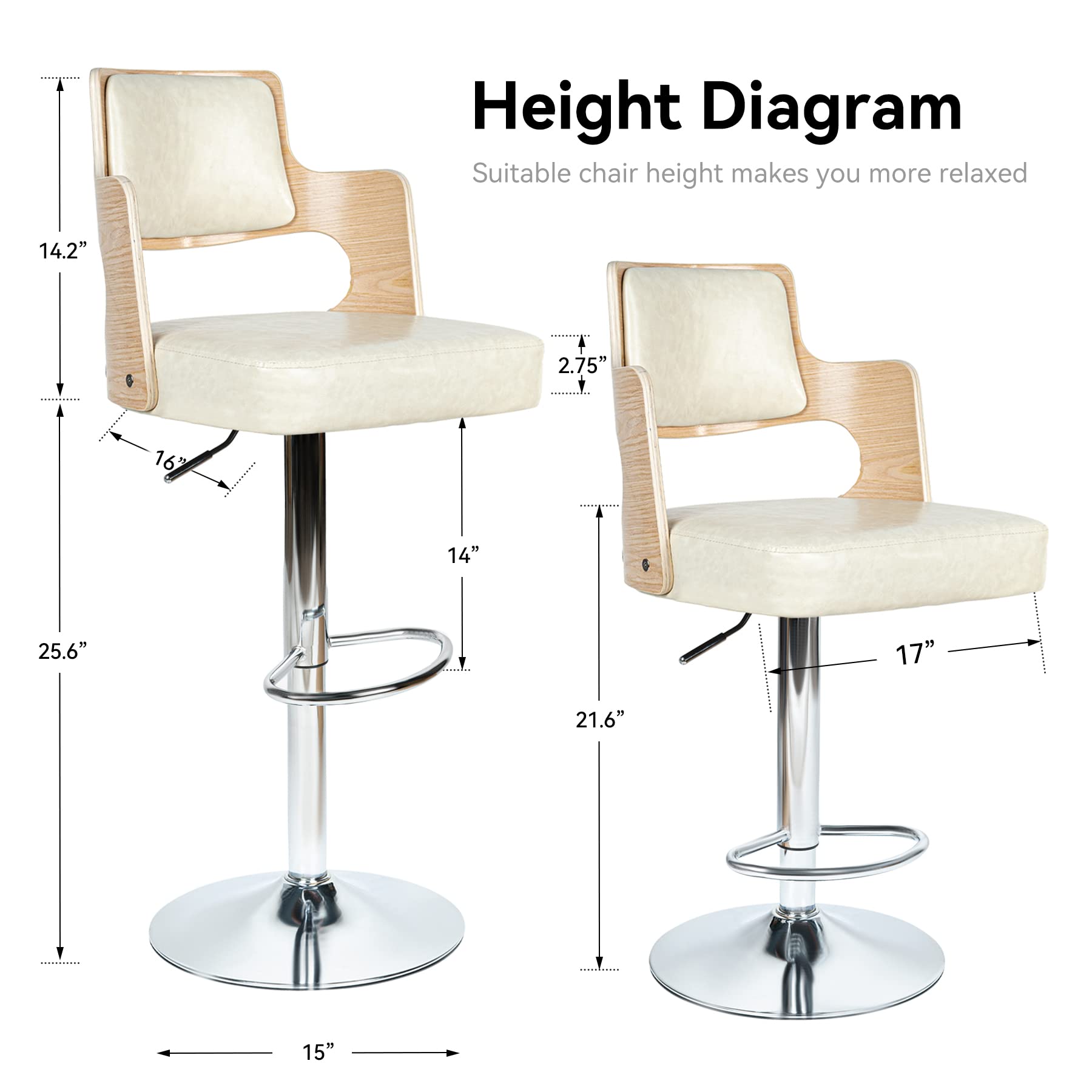 Miereirl Bar Stools Set of 2 Morden Height Counter Bar Stools with Wood Back Thickened Seat Swivel Adjustable Stool Chair for Home Kitchen Island Beige