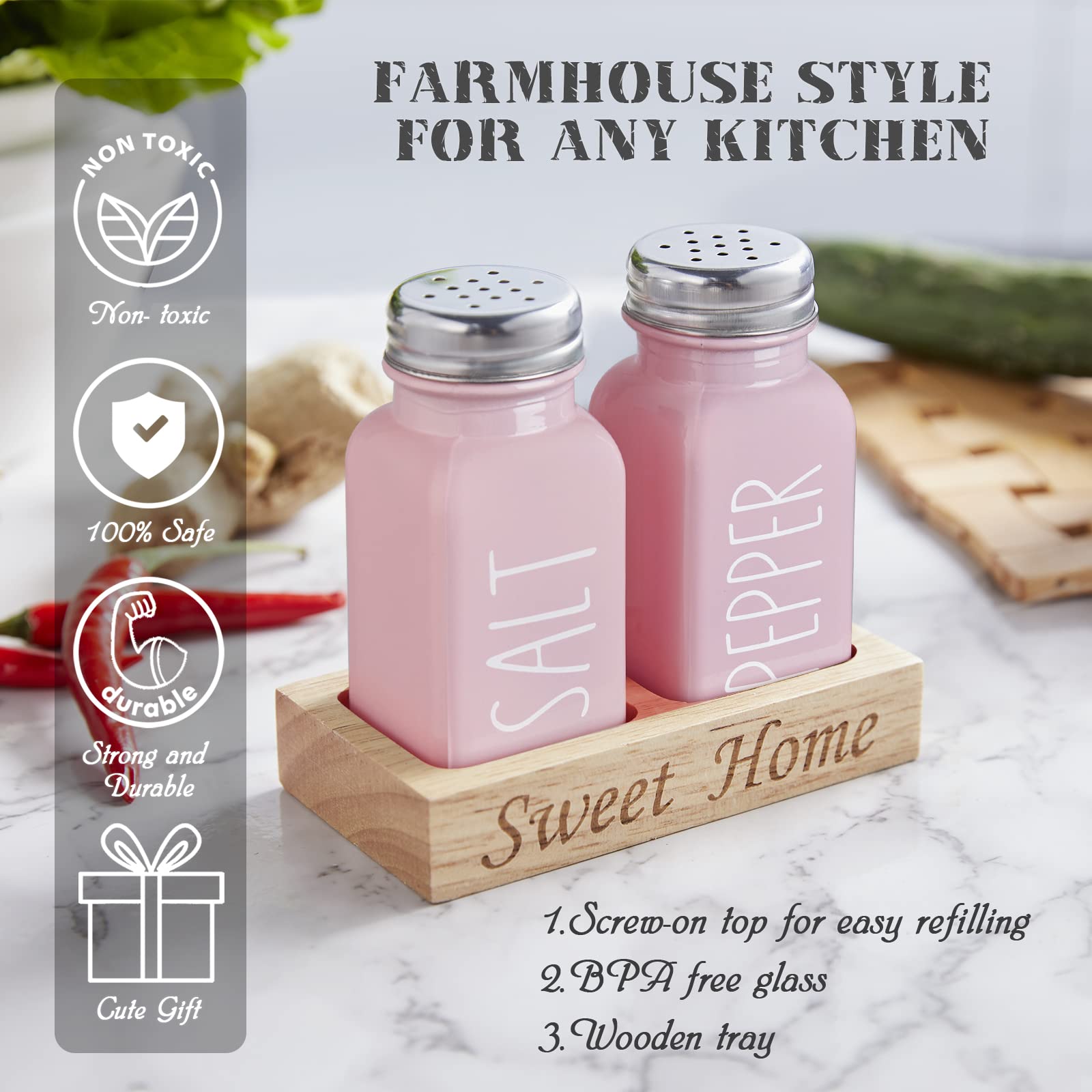 Pink Salt and Pepper Shakers Set with Holder - Pink Kitchen Home Decor and Accessories - Dopeca Glass Salt Shaker with Wood Tray for Kitchen Counter or Table -2.7 oz