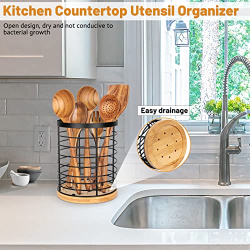 Toosci 2 Pcs Kitchen Utensil Holder - Stainless Steel and Bamboo Utensil Holder for Kitchen Counter, Large Spoon Spatula Holder for Kitchen Organizer(XL+L