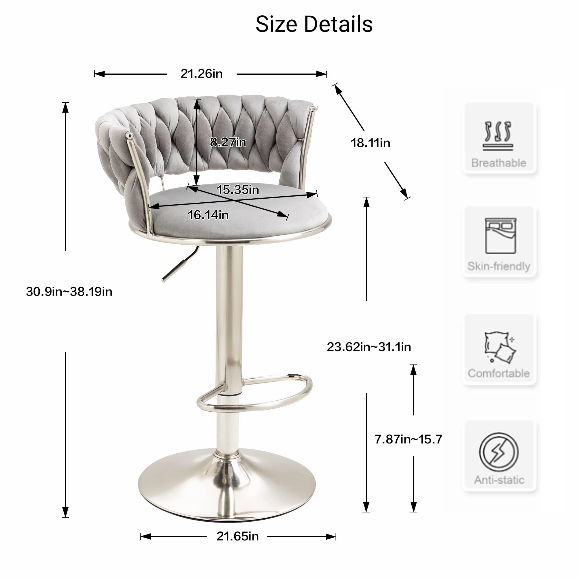 Keainvren Velvet Wave Hollow Barstools Set of 2, Modern Adjustable Swivel Bar Height Chairs Counter Stools with Back for Home Bar Kitchen Island Dining Rooms
