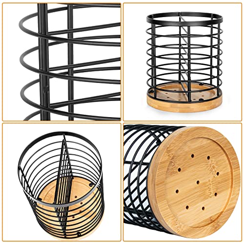Toosci 2 Pcs Kitchen Utensil Holder - Stainless Steel and Bamboo Utensil Holder for Kitchen Counter, Large Spoon Spatula Holder for Kitchen Organizer(XL+L