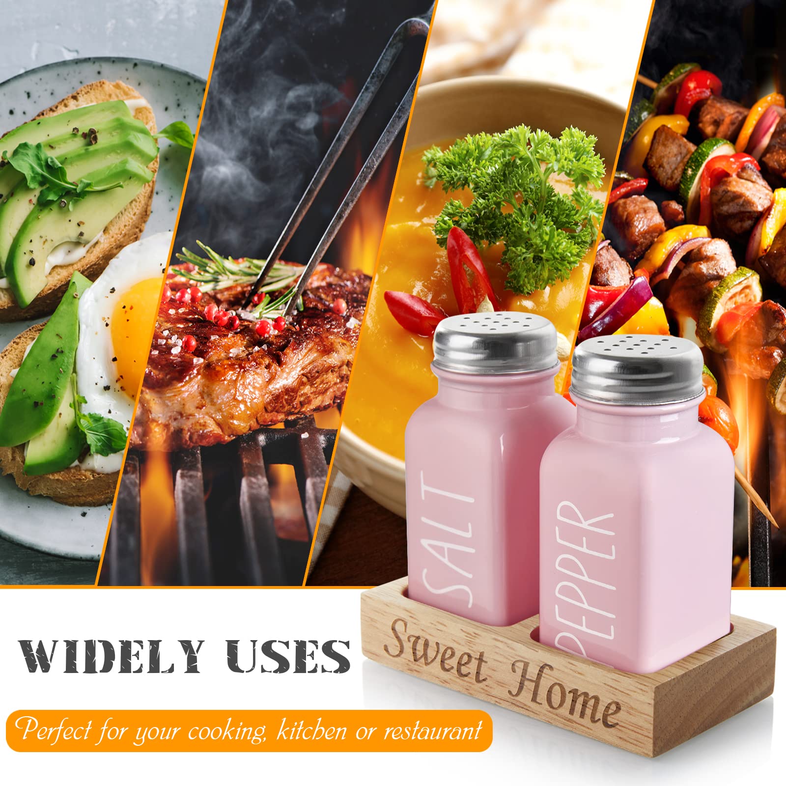 Pink Salt and Pepper Shakers Set with Holder - Pink Kitchen Home Decor and Accessories - Dopeca Glass Salt Shaker with Wood Tray for Kitchen Counter or Table -2.7 oz