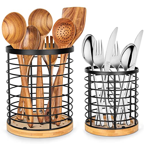 Toosci 2 Pcs Kitchen Utensil Holder - Stainless Steel and Bamboo Utensil Holder for Kitchen Counter, Large Spoon Spatula Holder for Kitchen Organizerļ¼XL+L