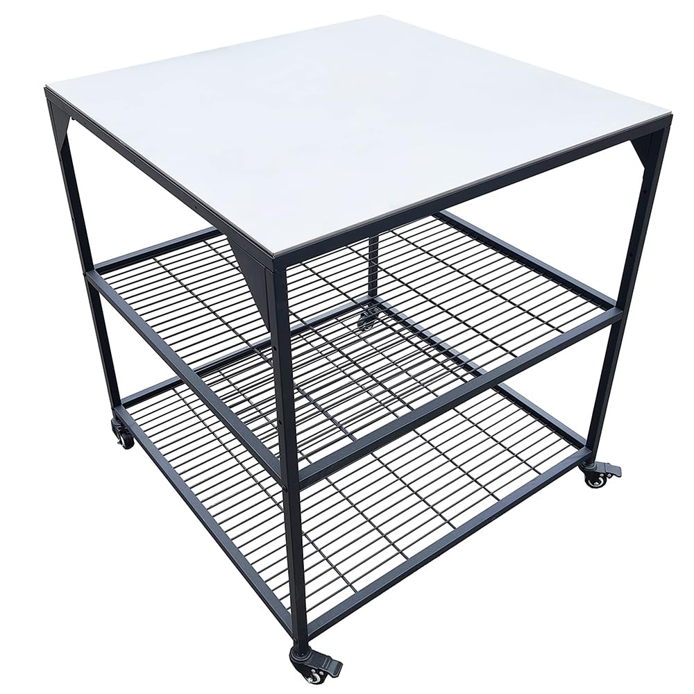 JIN BETTER GRILL PARTS Three-Tier Stainless Steel Pizza Oven Cart, Movable Work Table for Ooni, Blackstone, Cuisinart (31.5" D x 31.5" W x 35.4" H)
