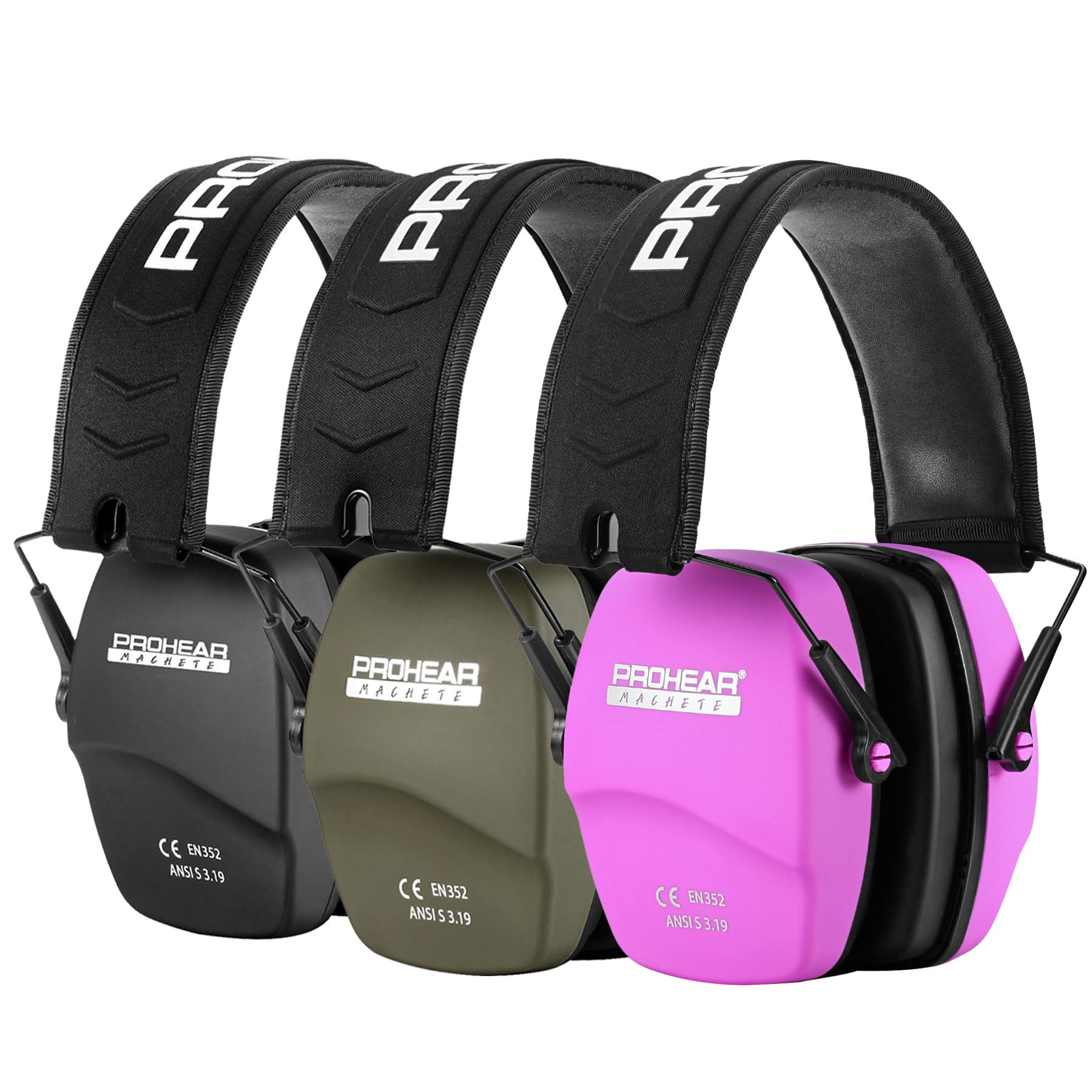 PROHEAR 016 Shooting Ear Protection Earmuffs 3 Pack, NRR 26dB for Gun Range, Hunting -Black and Green and Pink