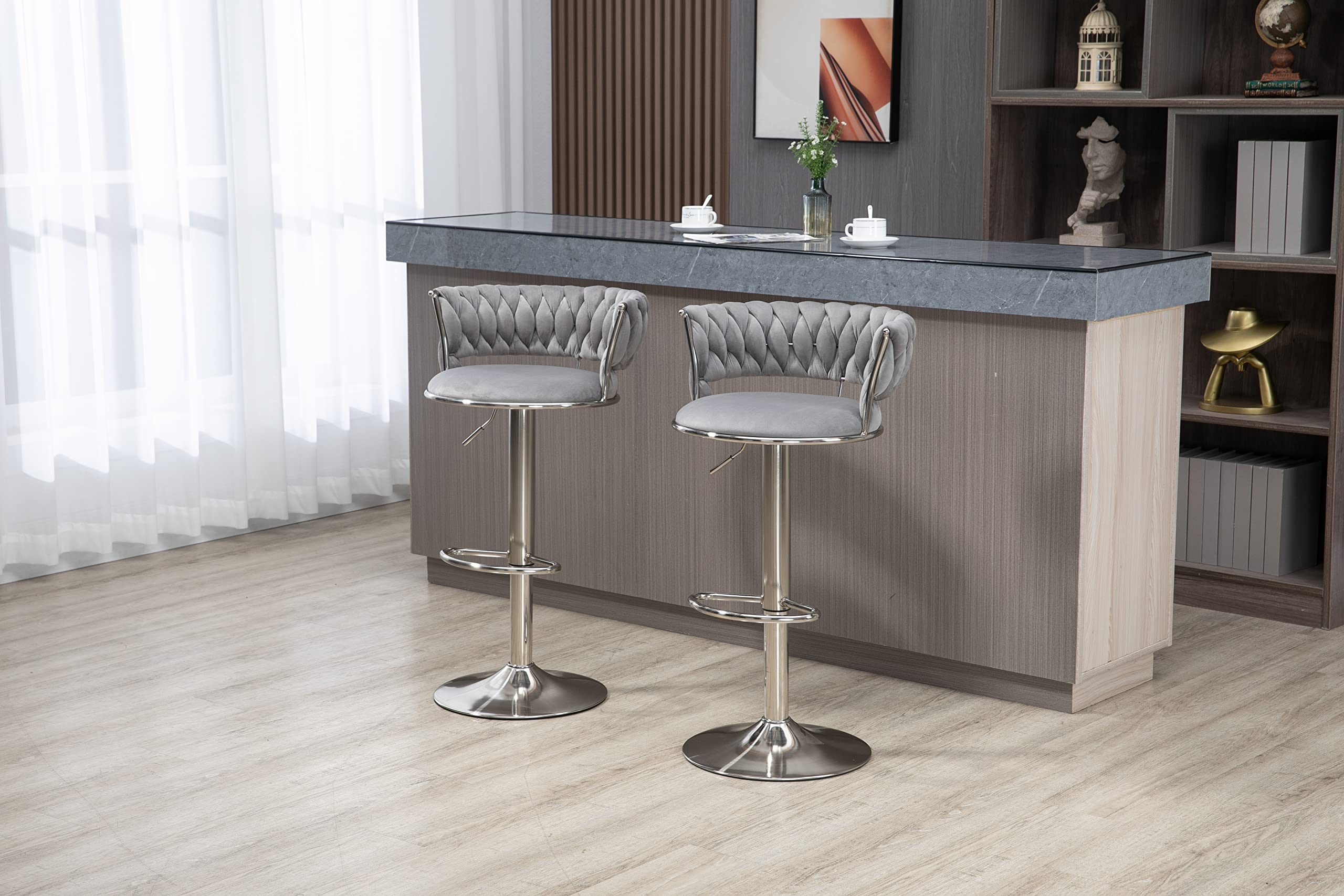 Keainvren Velvet Wave Hollow Barstools Set of 2, Modern Adjustable Swivel Bar Height Chairs Counter Stools with Back for Home Bar Kitchen Island Dining Rooms