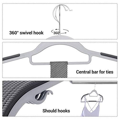 Kang Yuan Plastic Hangers 50 Pack Dry Wet Clothes Hangers Space Saving Coat Hanger, Upgraded Rubber Stripe Non-Slip Pants Hangers, 360° Swivel Hook Clothes Hangers, 16.5 Inches, Gray