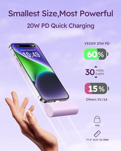VEGER Mini Portable Charger for iPhone, 5000mAh 20W PD Fast Charging Battery Pack, Cordless Portable External Backup Charger Compatibel with iPhone 14, 13, 12, Airpods