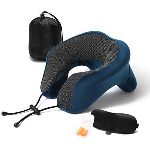 SREOZ Memory Foam Neck Pillows for Travel,Adjustable Travel Neck Pillow for Airplanes Travel Essentials, Ergonomic Plane Travel Pillows for Sleeping Airplane, Car, Train, Bus (Blue)