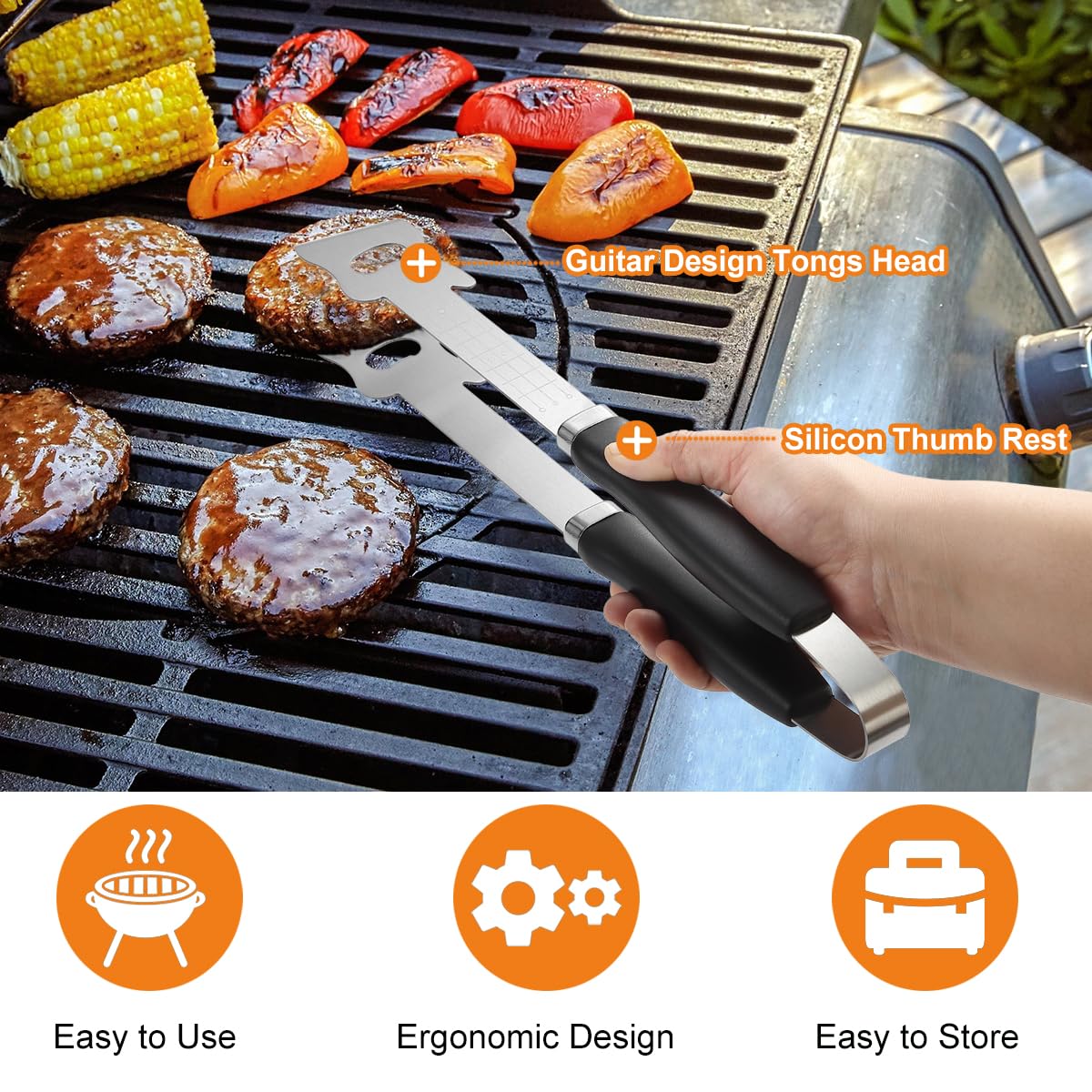 ROMANTICIST 5PCS Guitar Style Heavy Duty Grill Tool Set - Stainless Steel BBQ Tools including Spatula, Fork, Tongs, Basting Brush and Storage Bag in Unique Guitar Shape - Perfect Grill Gift Choice