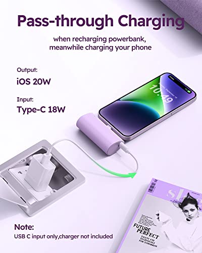 VEGER Mini Portable Charger for iPhone, 5000mAh 20W PD Fast Charging Battery Pack, Cordless Portable External Backup Charger Compatibel with iPhone 14, 13, 12, Airpods
