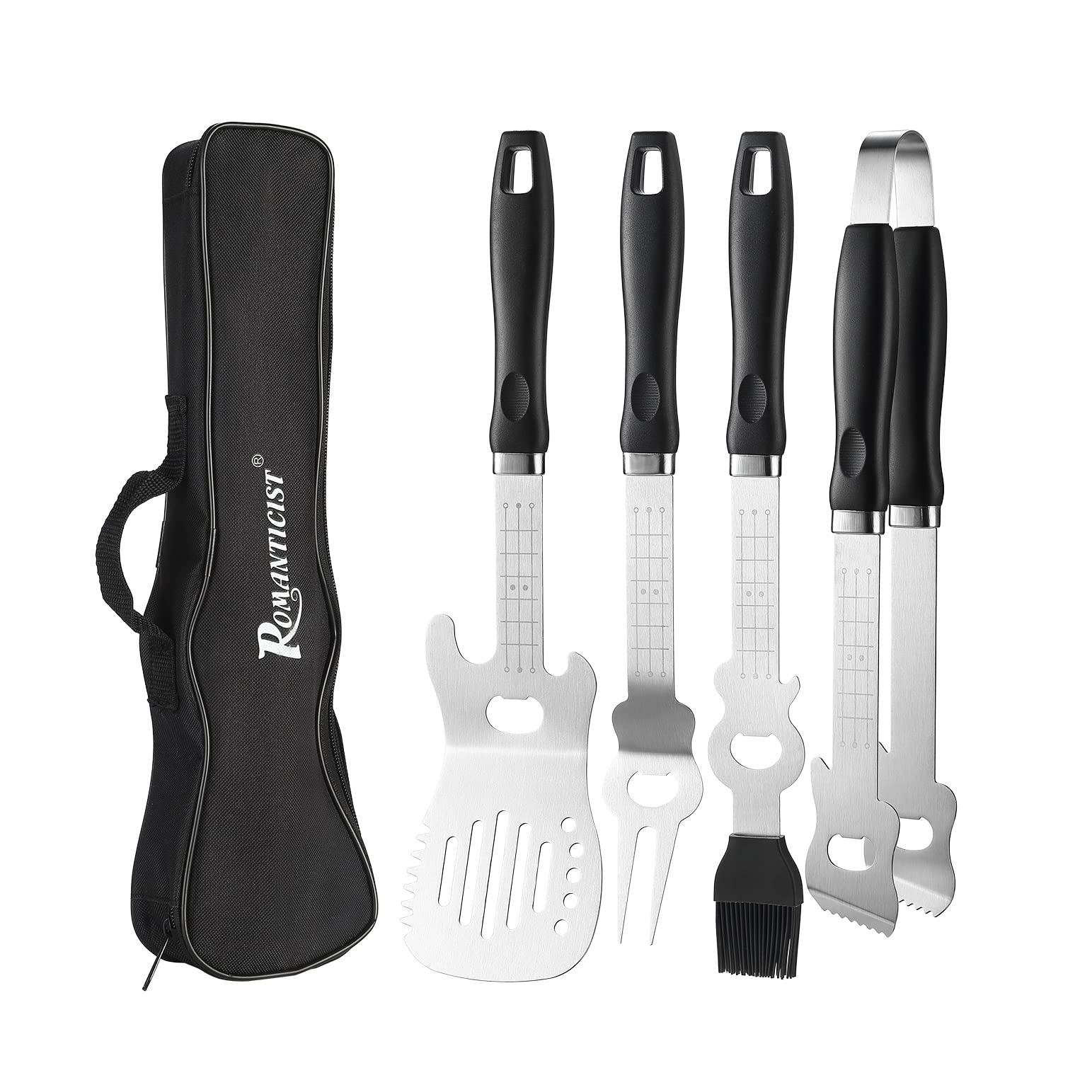 ROMANTICIST 5PCS Guitar Style Heavy Duty Grill Tool Set - Stainless Steel BBQ Tools including Spatula, Fork, Tongs, Basting Brush and Storage Bag in Unique Guitar Shape - Perfect Grill Gift Choice