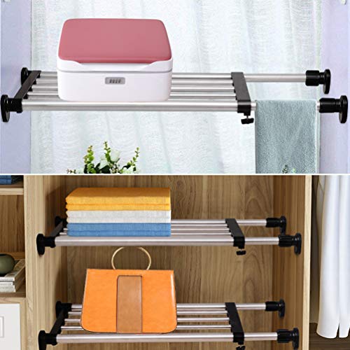 BAOYOUNI Expandable Shelf Closet Tension Rod Adjustable Shelving Unit Storage Rack Organizer Hanger Space Saving Divider for Wardrobe, Cupboard, Kitchen, Bathroom Use, Black