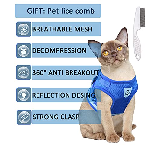 LABOTA Cat Harness and Leash Set for Walking, Escape Proof Soft Adjustable Vest Harnesses with Reflective Strap, Comfort Fit for Pet Kitten Puppy Rabbit, Blue, S(Chest: 11"-13")