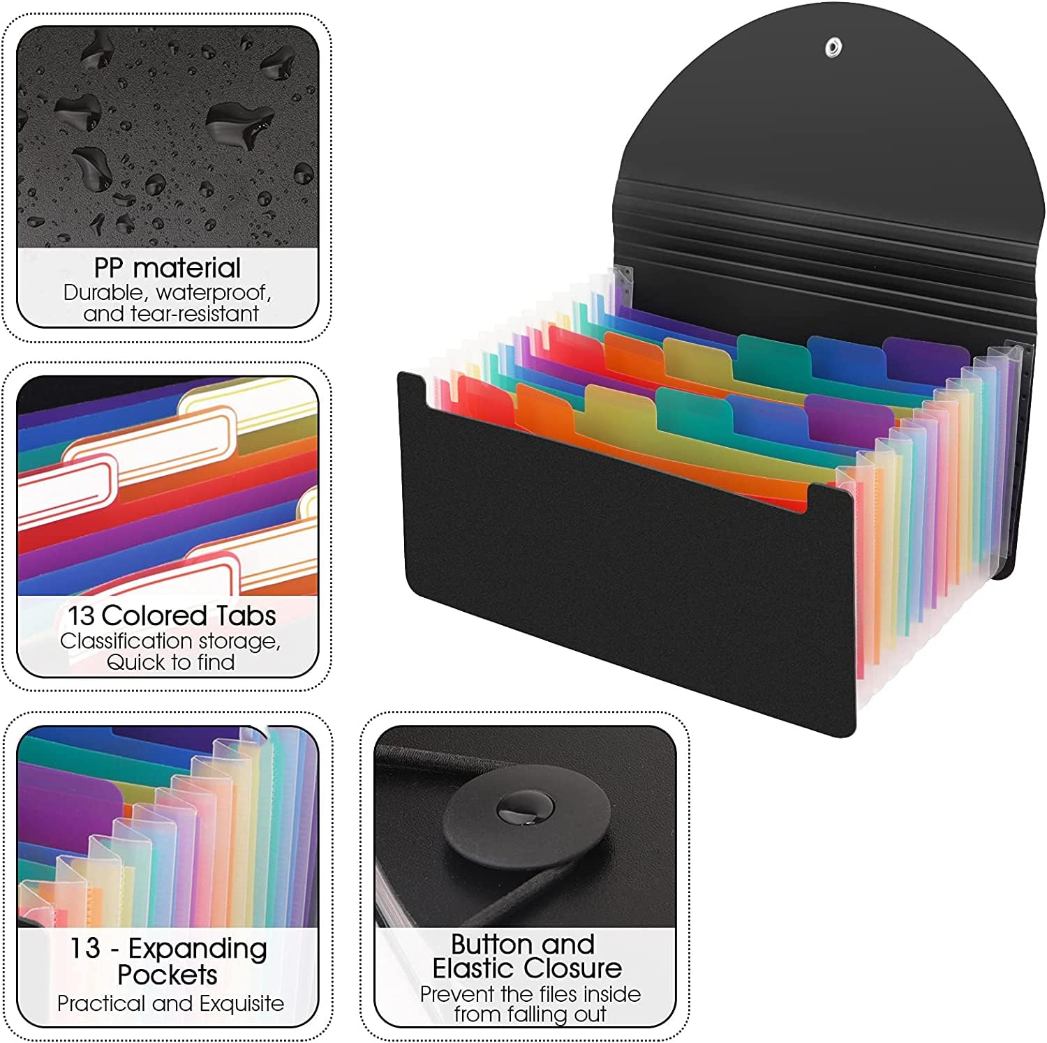 Expanding File Folder with Labels, 13 Pocket Accordion Document, Portable Accordion Filing Folder for Letter A4 Paper Document, Papers Letter Size, Black