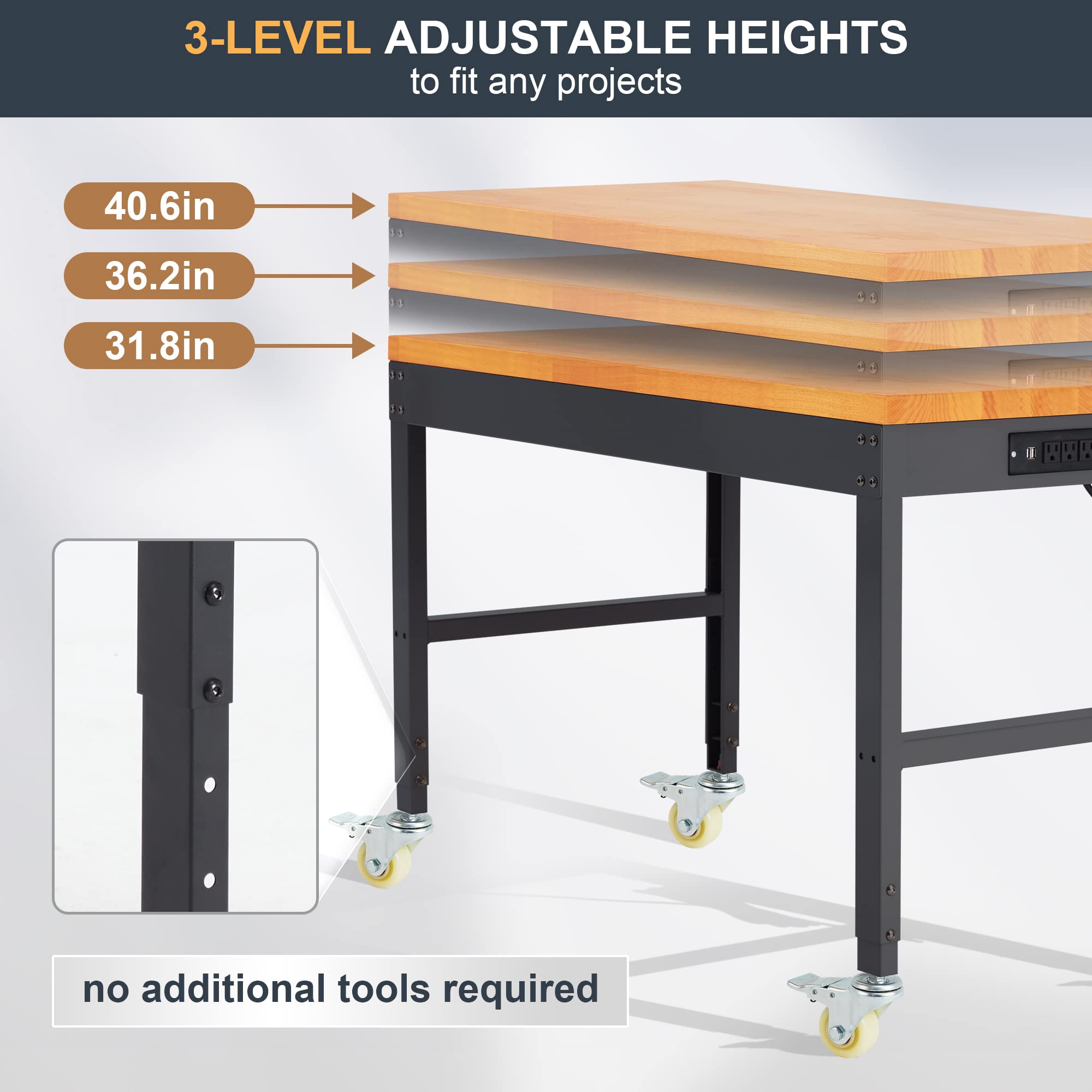 HABUTWAY Height Adjustable Workbench with Wheels 48" x 24" 2000 Lbs Capacity Oak Wood Work Station Heavy-Duty Rolling Work Tables for Garage Party Shop Office