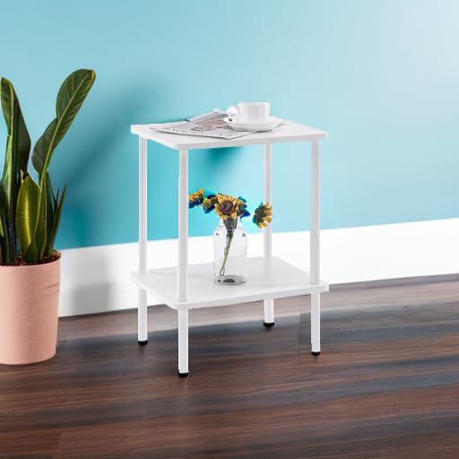 Apicizon 2 Tier End Table, Boho Side Table with Storage Shelf, Nightstand Bedside Table for Small Spaces, Bedroom, Living Room, Entryway, Farmhouse, Easy Assembly,White