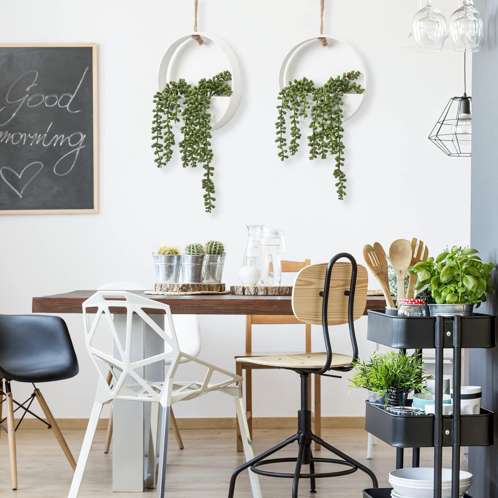 CEWOR 2pcs Artificial Hanging Succulent Plants, Fake String of Pearls in Pot with Lanyard Boho Wall Decor for Bathroom Living Room Home Indoor Outdoor Decorations, White