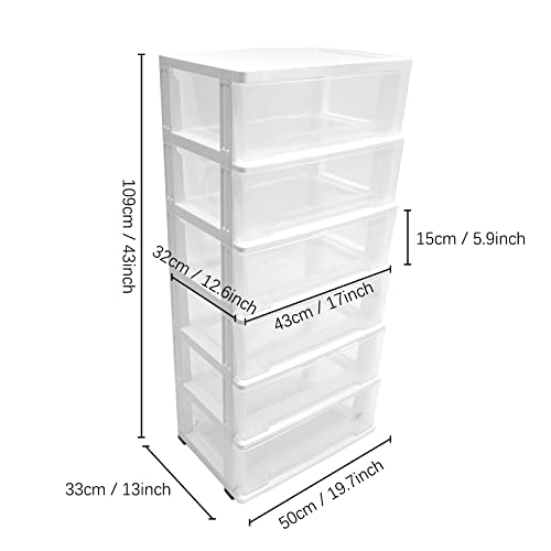 6 Tier Stackable Storage Drawer Rolling Storage Cart Plastic Drawer Organizer Foldable File Storage Cabinet for Office, Dorm, Desk, Countertop, Living Room (White+Clear)