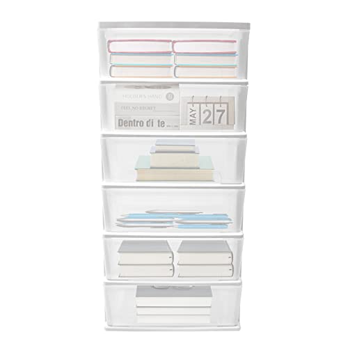 6 Tier Stackable Storage Drawer Rolling Storage Cart Plastic Drawer Organizer Foldable File Storage Cabinet for Office, Dorm, Desk, Countertop, Living Room (White+Clear)